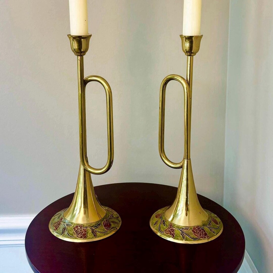Pair of Two Vintage Brass Trumpet Candlestick Holders Taper Candle ...
