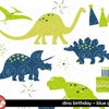 Dino Birthday Blue & Green: Clip Art Pack (300 Dpi Transparent Png ...