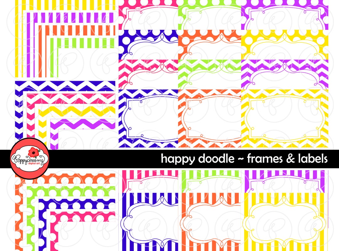 Happy Doodle Frames & Labels: Clip Art Pack Card Making Digital Frames ...