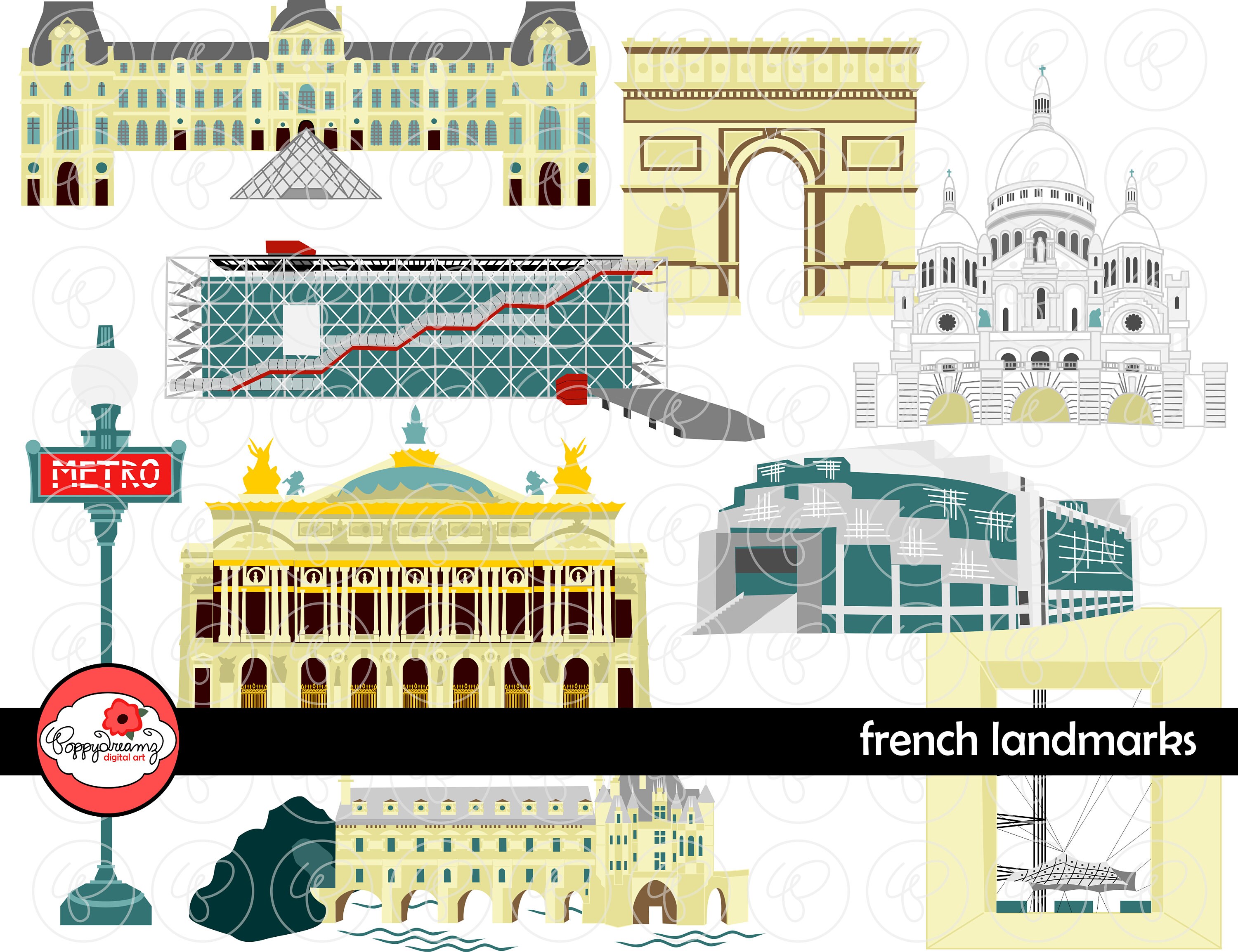 French Landmarks Digital Clip Art: Lourve Arc De Triomphe Centre ...