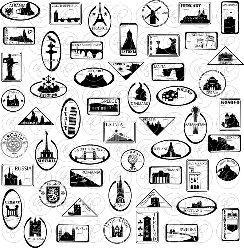 Passport Stamps European Landmarks and National Symbols Digital Clip ...