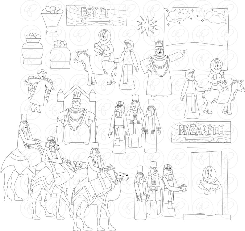 Bible Stories: 3 Wisemen Visit Baby Jesus Clipart Set by Poppydreamz ...