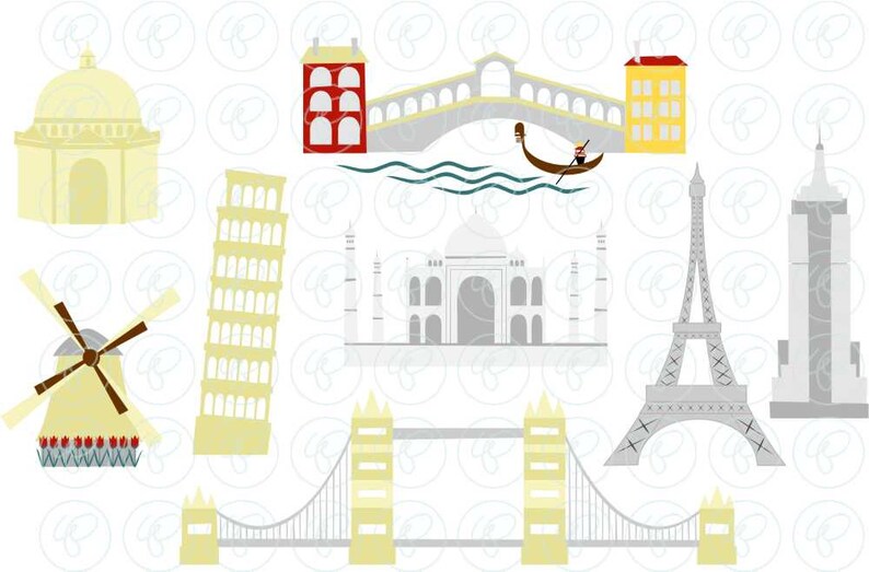 World Landmarks (set 01) Digital Clip Art Set: Empire State Eiffel ...