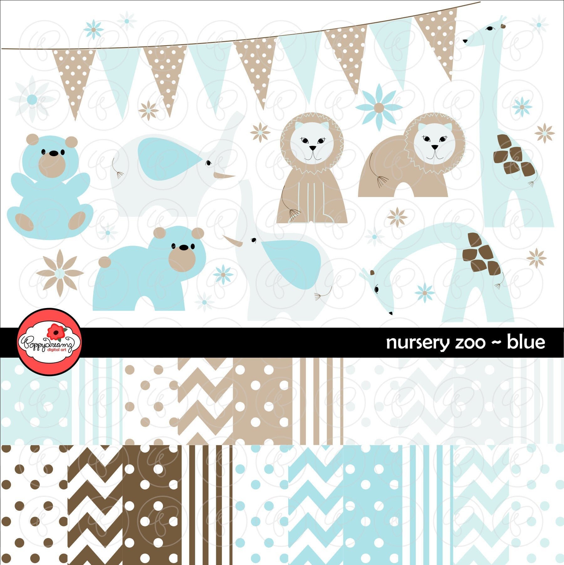 Nursery Zoo Blue: Clip Art and Paper Pack 300 dpi transparent | Etsy
