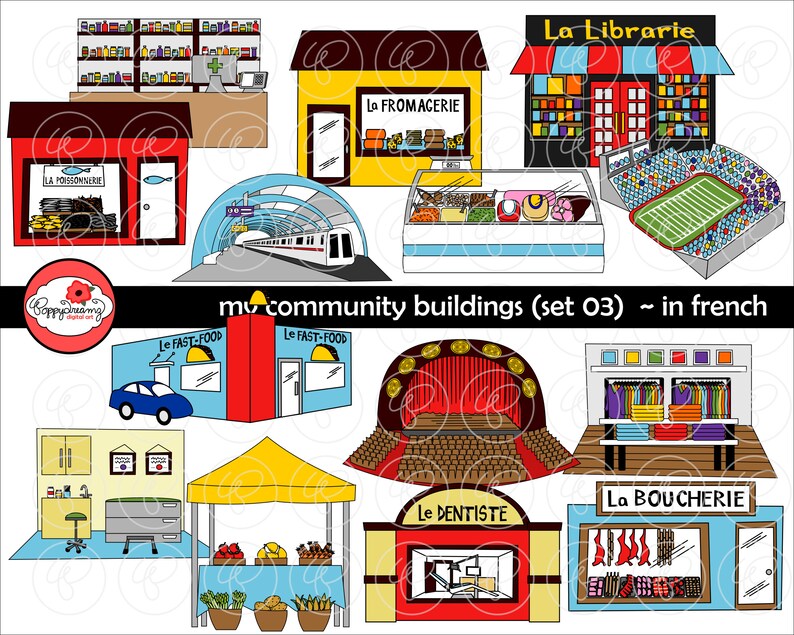 My Community Buildings (set 03) in FRENCH Clipart: (300 Dpi Transparent ...