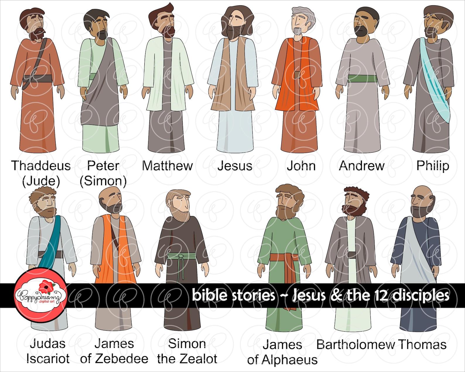 Bible Stories: Jesus & the 12 Disciples Clipart Set by Poppydreamz ...