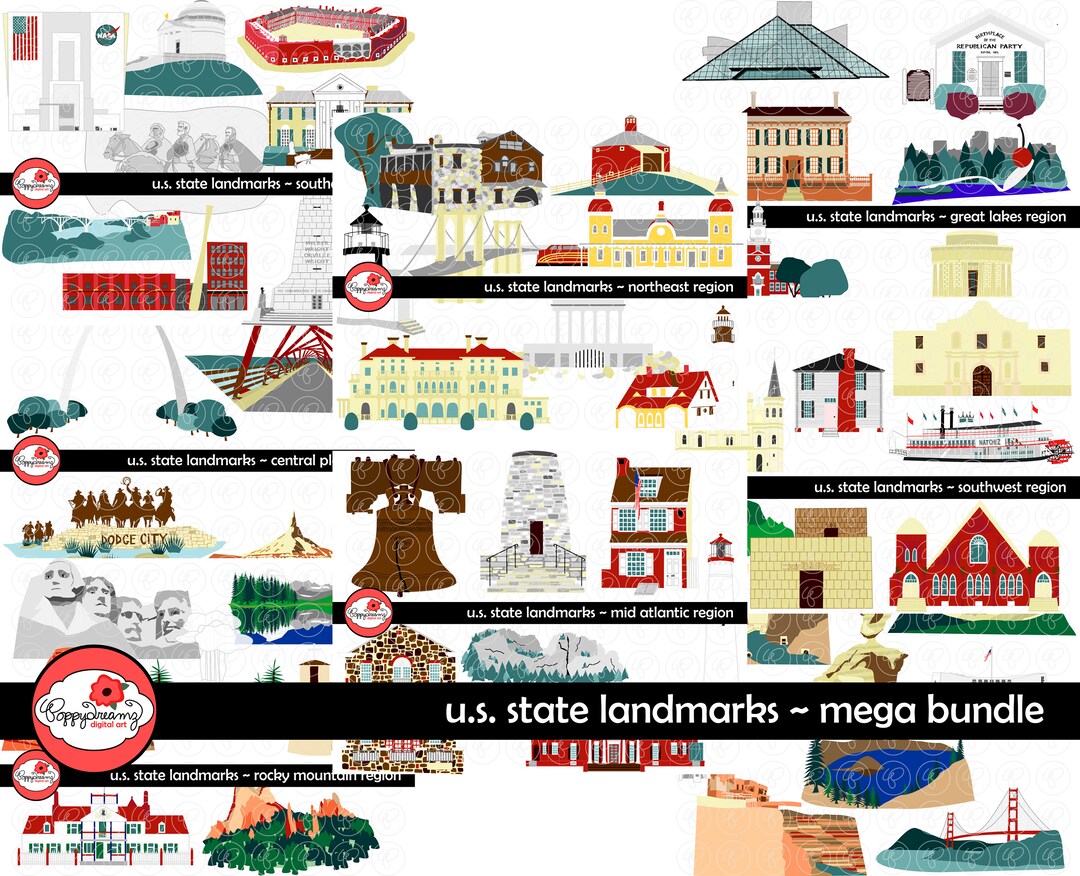 U.S. State Landmarks Mega Bundle Digital Clipart Pack 300 Dpi Road Trip ...
