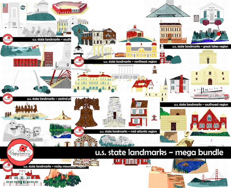 U.S. State Landmarks Mega Bundle Digital Clipart Pack 300 Dpi Road Trip ...