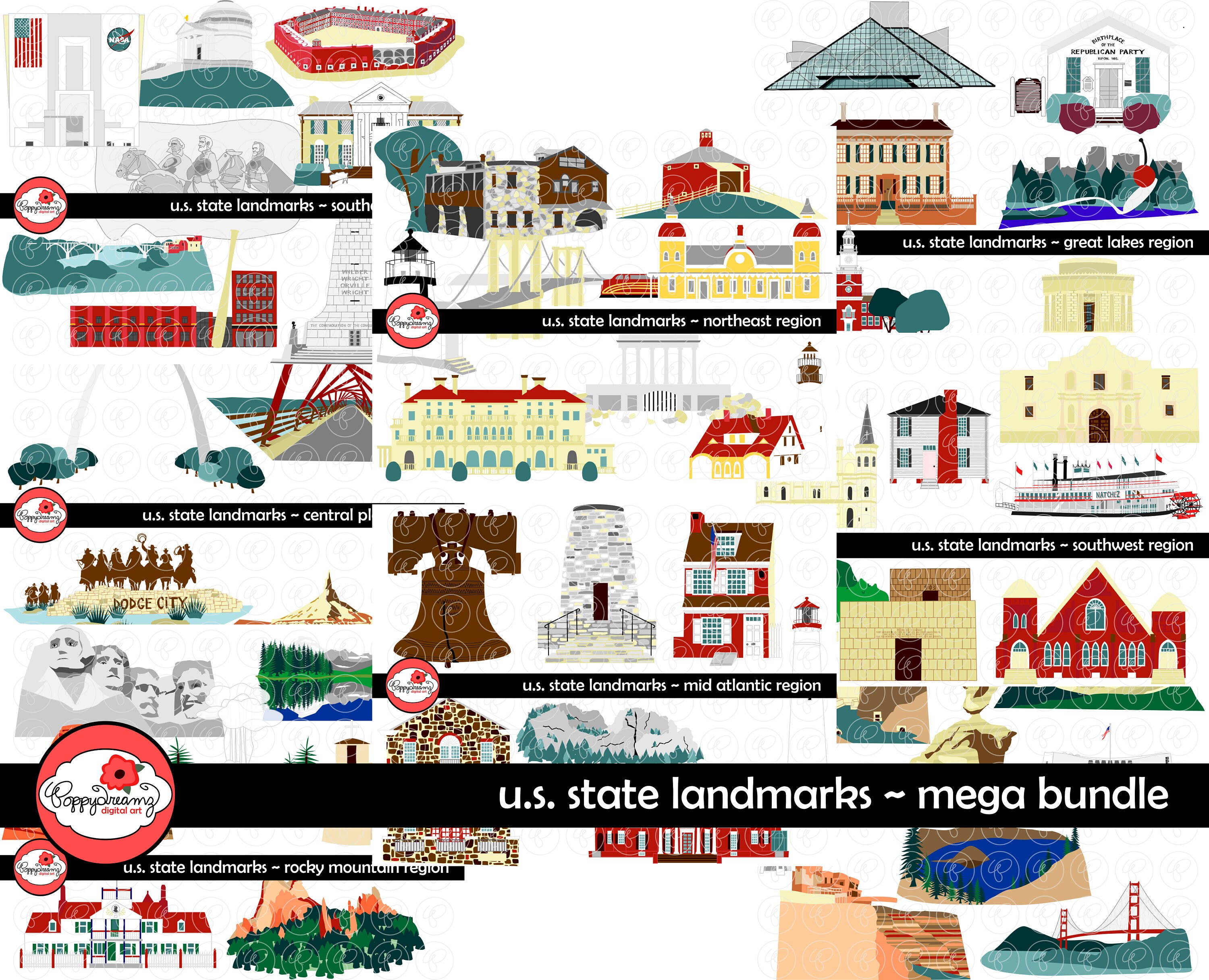 U.S. State Landmarks Mega Bundle Digital Clipart Pack (300 Dpi) Road ...