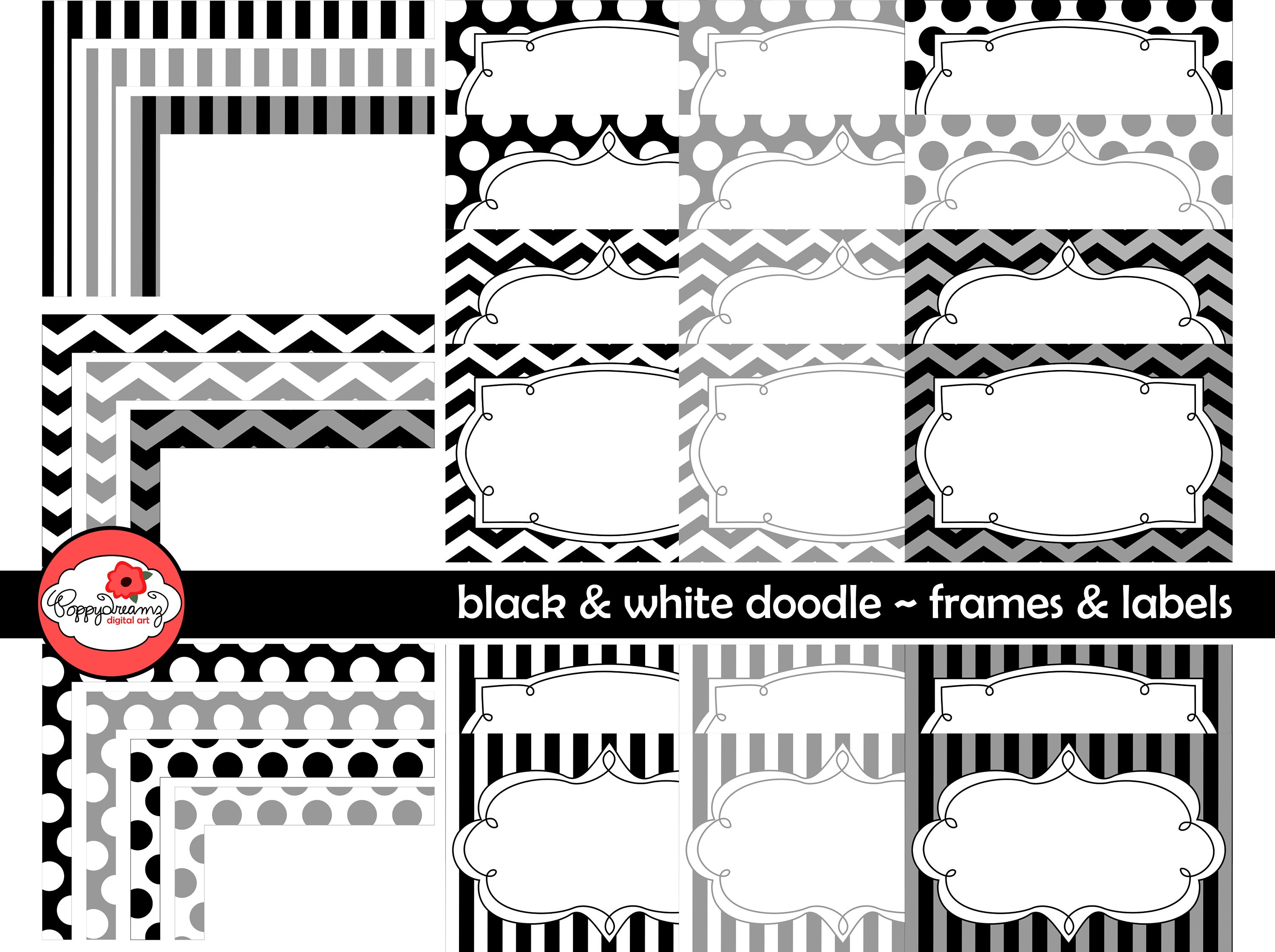 Black & White Doodle Frames and Labels: Clip Art Pack Card Making ...