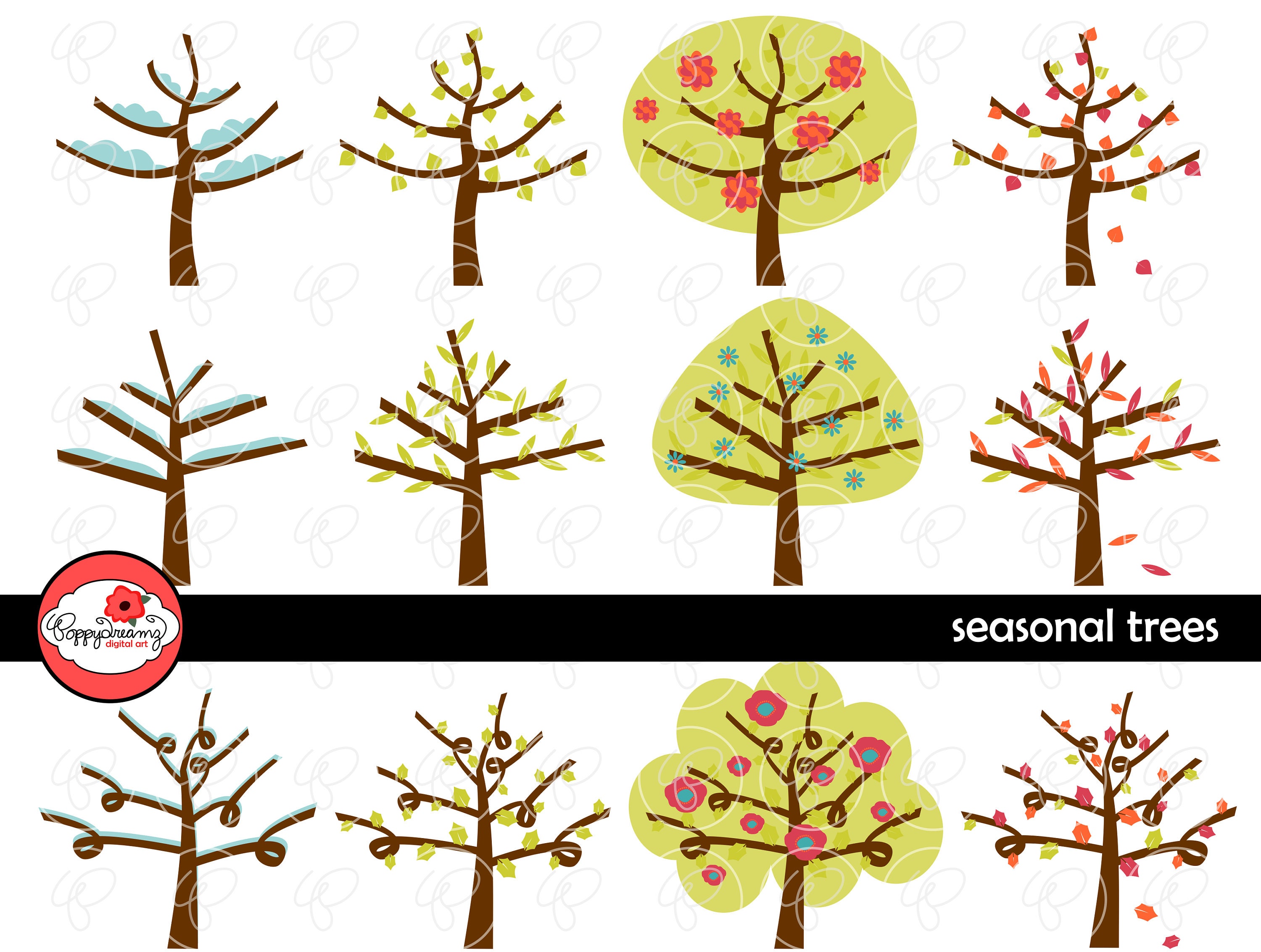 Seasonal Trees: Clip Art Set Digital Spring Summer Autumn Fall Winter ...