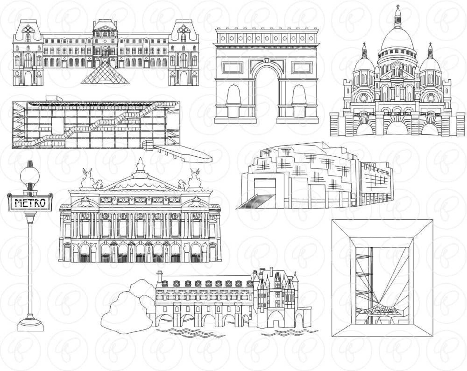 French Landmarks Digital Clip Art: Lourve Arc De Triomphe Centre ...