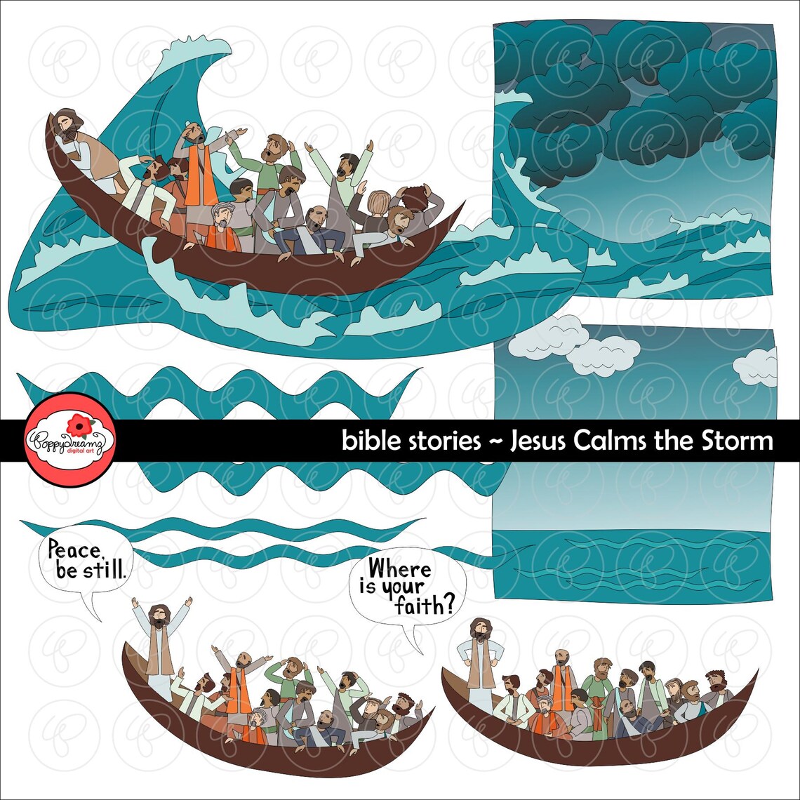 Bible Stories: Jesus Calms the Storm Clipart Set by Poppydreamz Bible ...