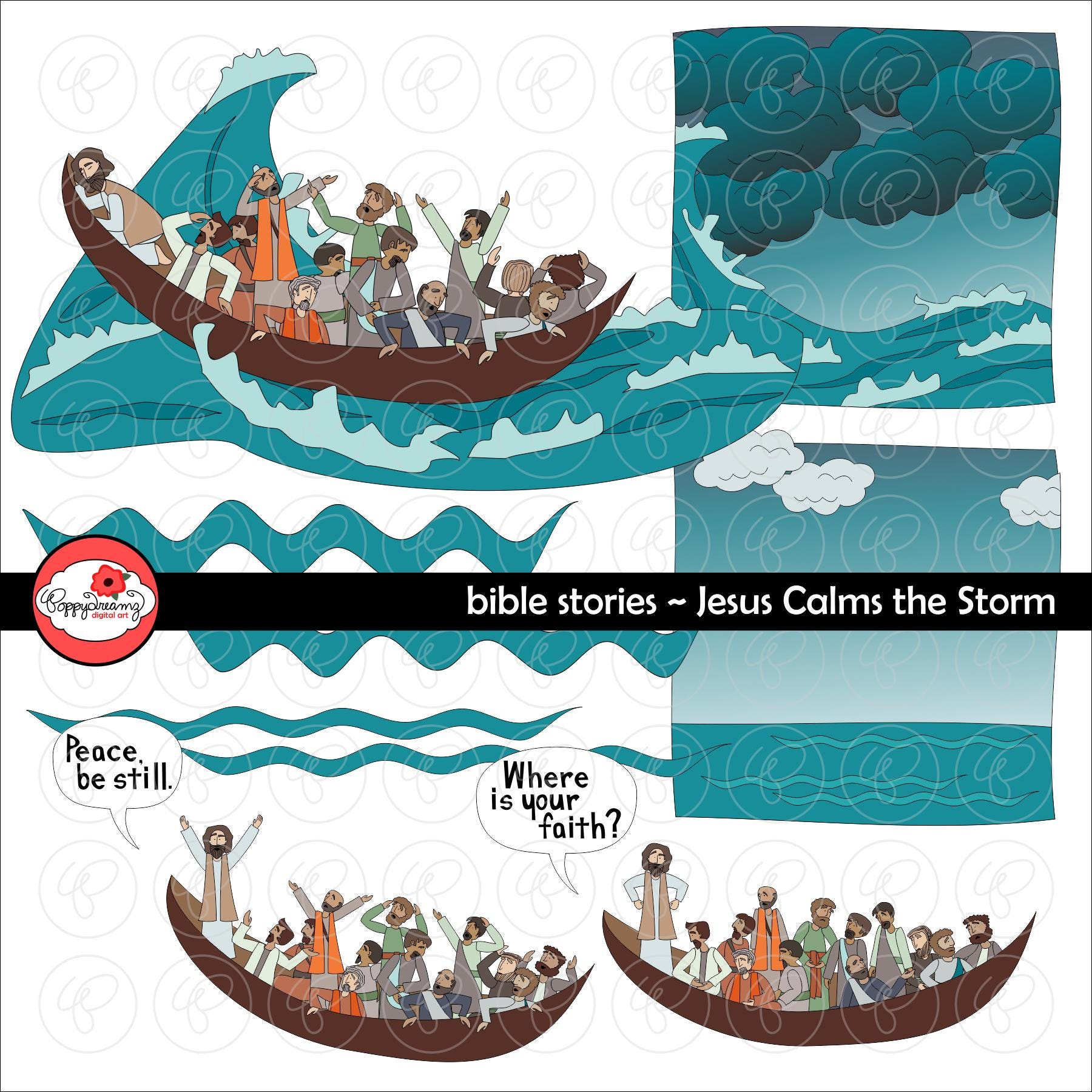 Bible Stories: Jesus Calms the Storm Clipart Set by Poppydreamz Bible ...