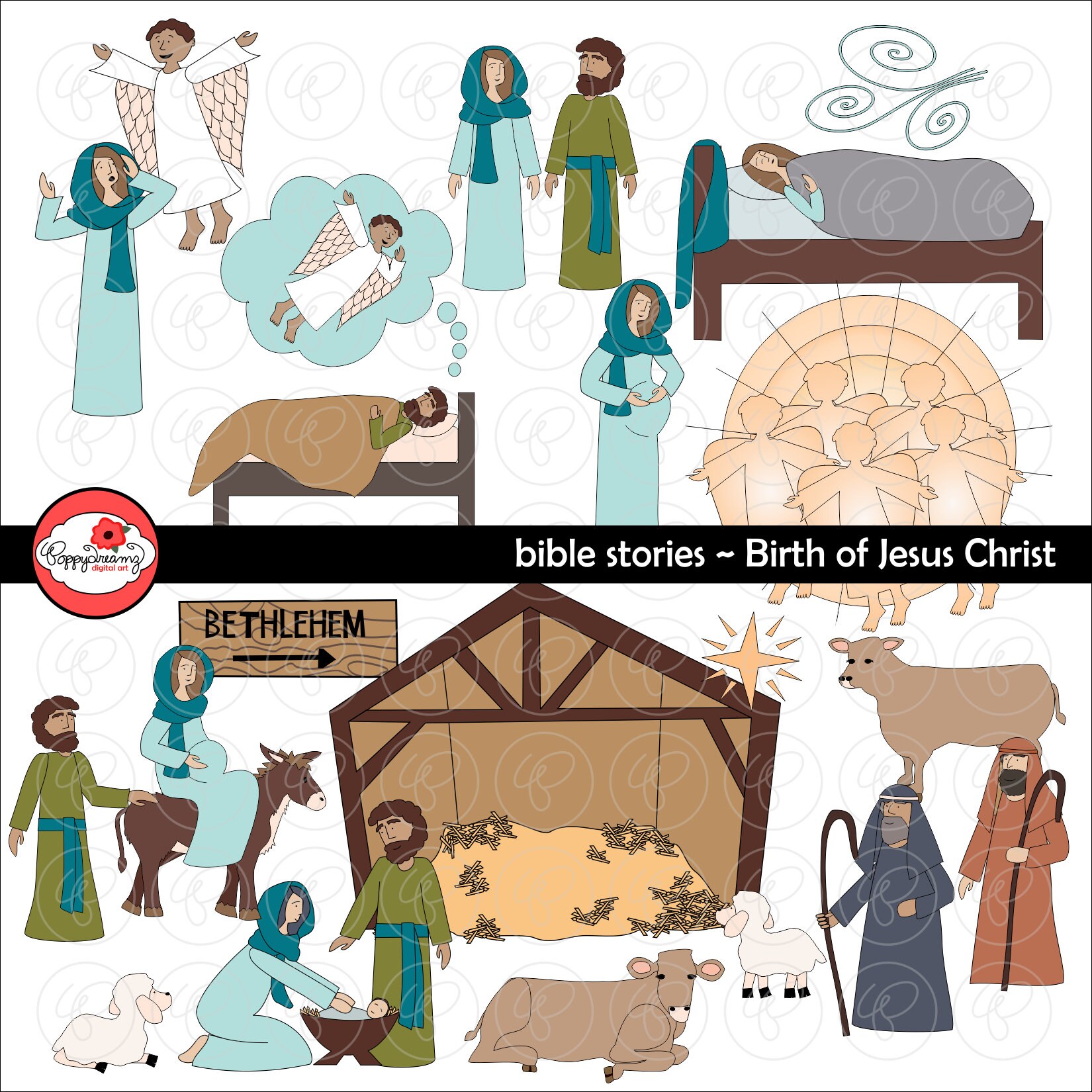 Bible Stories: Birth of Jesus Christ Clipart Set by Poppydreamz Bible ...