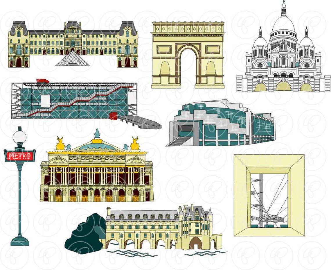 French Landmarks Digital Clip Art: Lourve Arc De Triomphe Centre ...