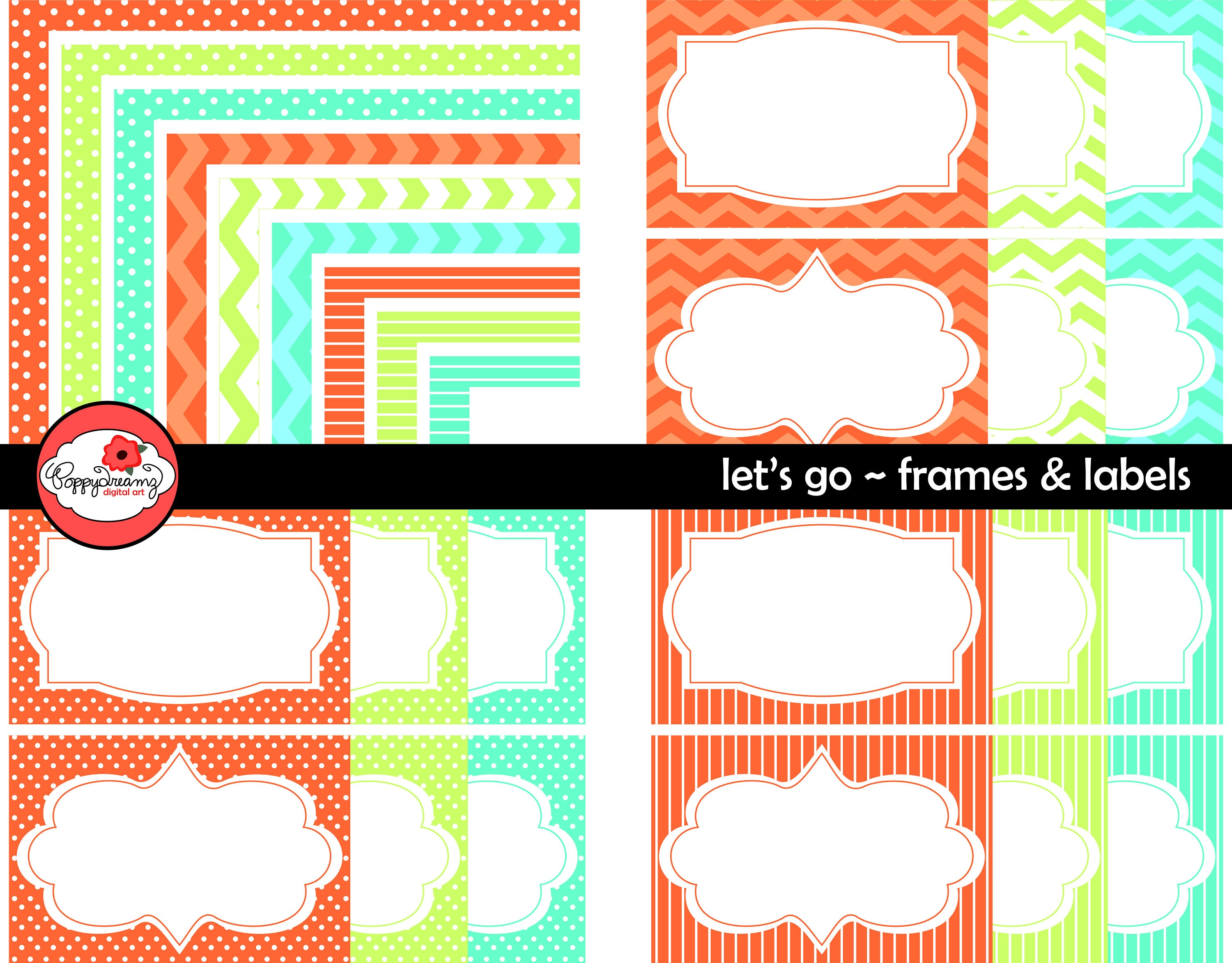 Let's Go Frames & Labels: Digital Clipart Pack (300 Dpi) Turquoise Lime ...