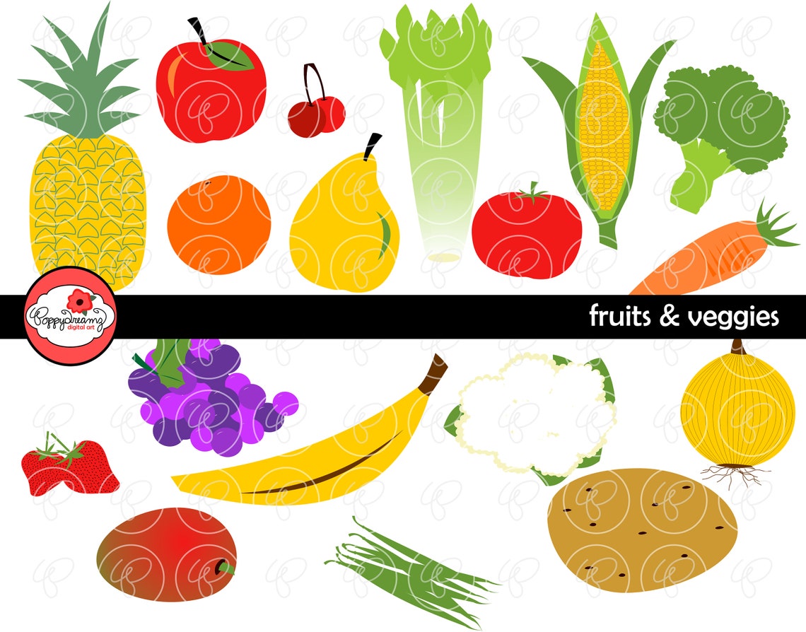 Fruits & Veggies: Clip Art Pack (300 Dpi Transparent Png) Digital Fruit ...