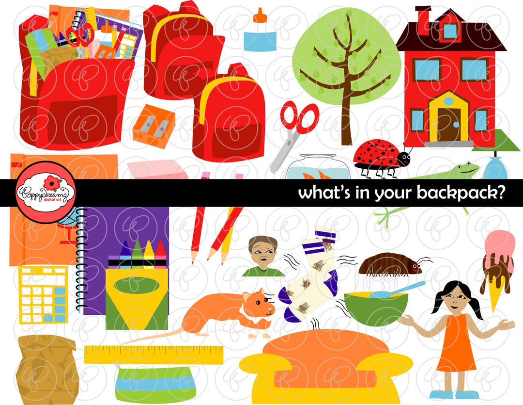 What's in Your Backpack School Supply Clipart: (300 Dpi Transparent Png ...