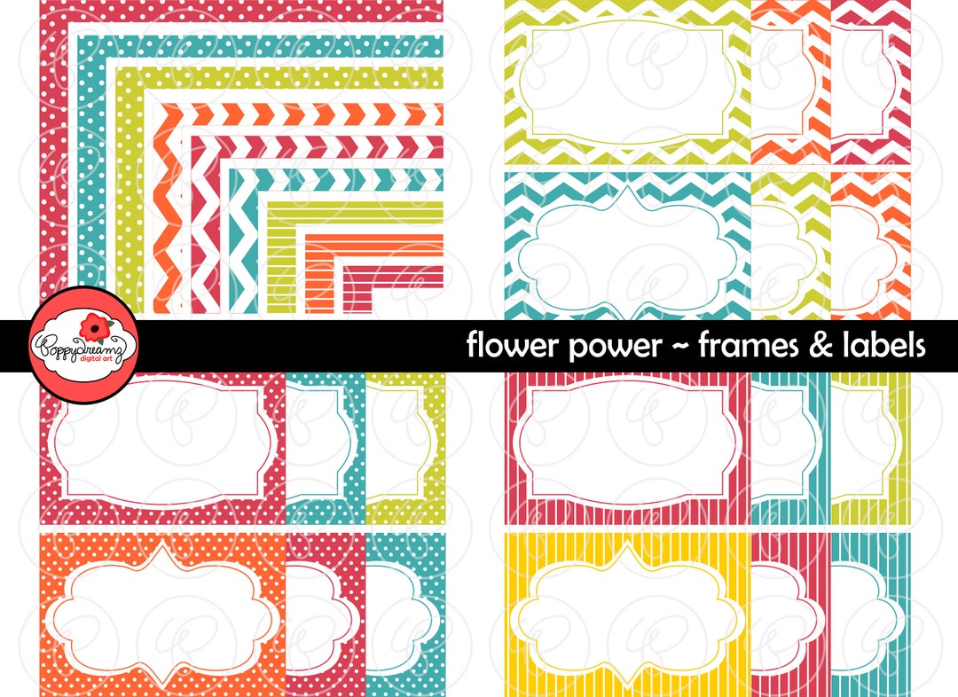 Flower Power Frames & Labels: Clip Art Pack Card Making Digital Frames ...