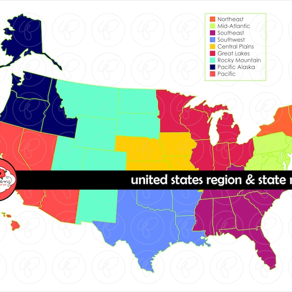 United States Region and State Map Teaching Resources Clipart - Etsy