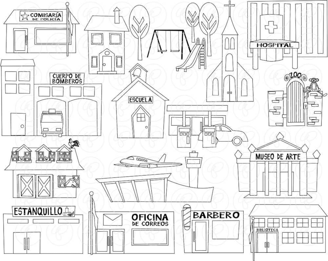 My Community Buildings in SPANISH Clipart: (300 Dpi Transparent Png ...