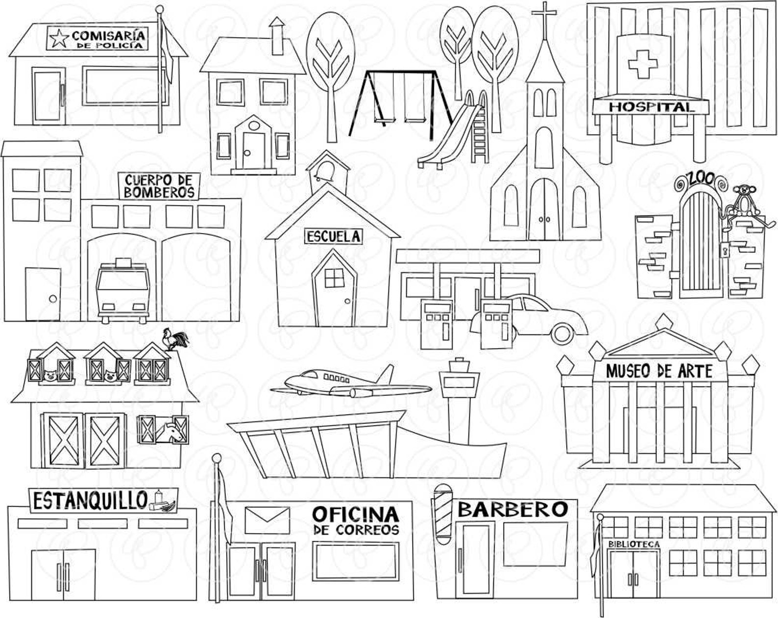 My Community Buildings in SPANISH Clipart: (300 Dpi Transparent Png ...