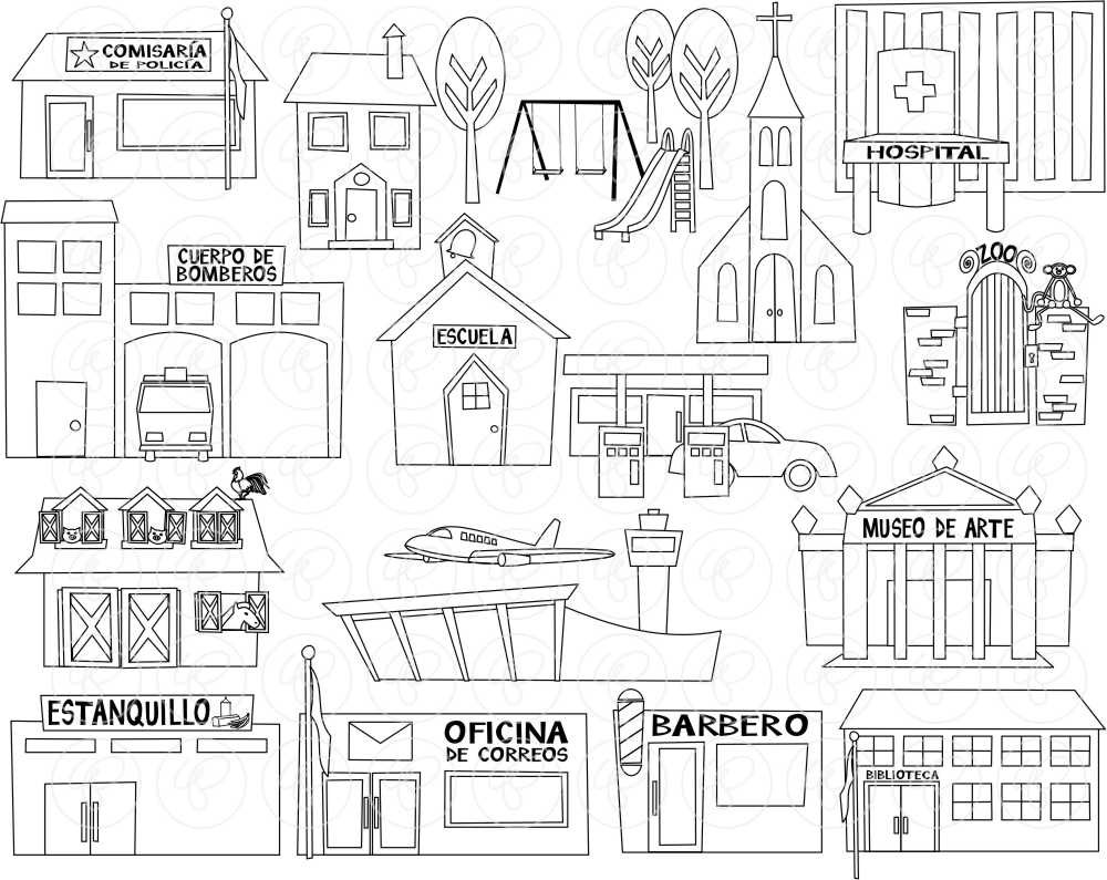 My Community Buildings in SPANISH Clipart: (300 Dpi Transparent Png ...