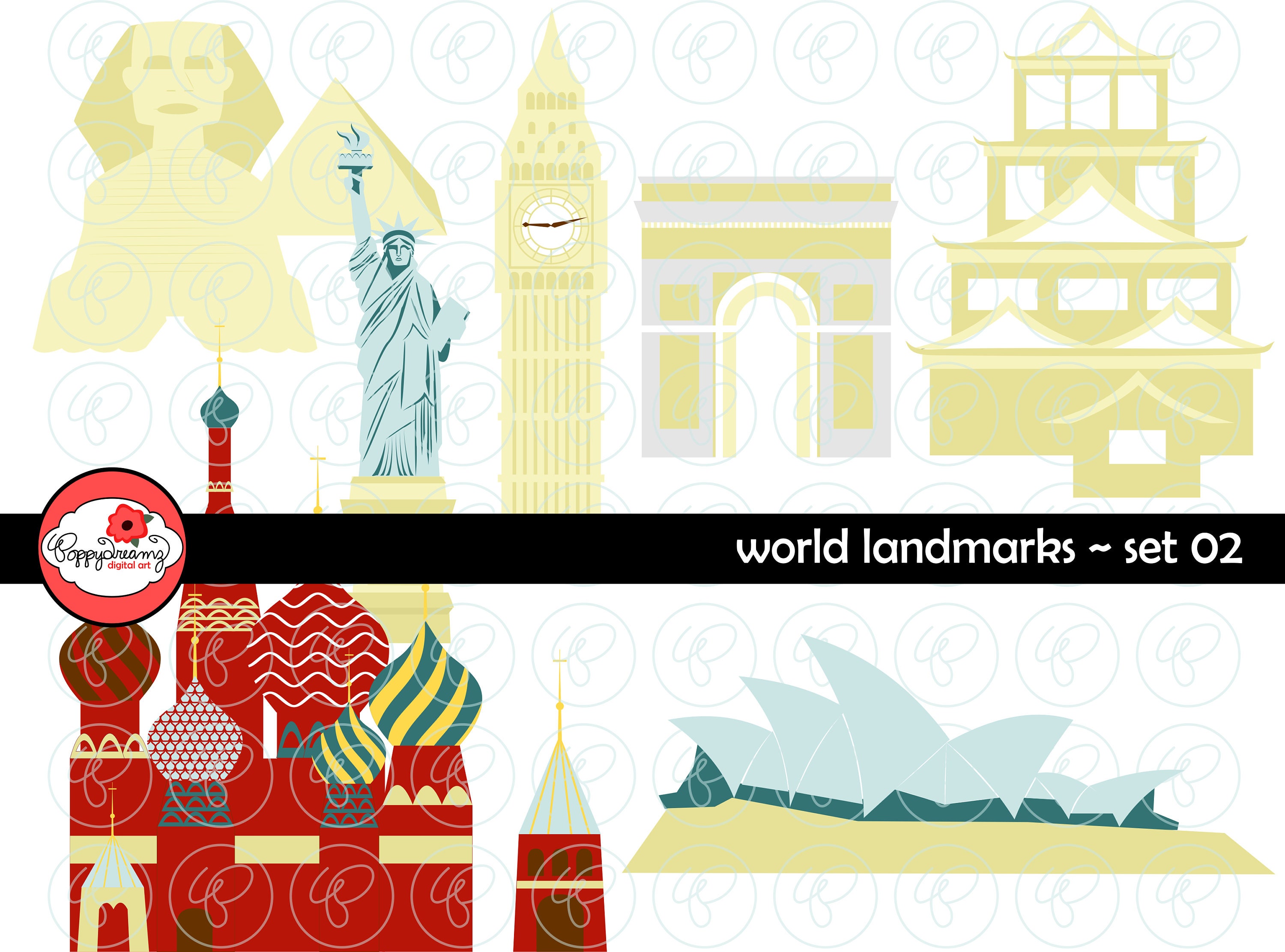 World Landmarks (set 2) Digital Clip Art: Sydney Opera Statue Liberty ...