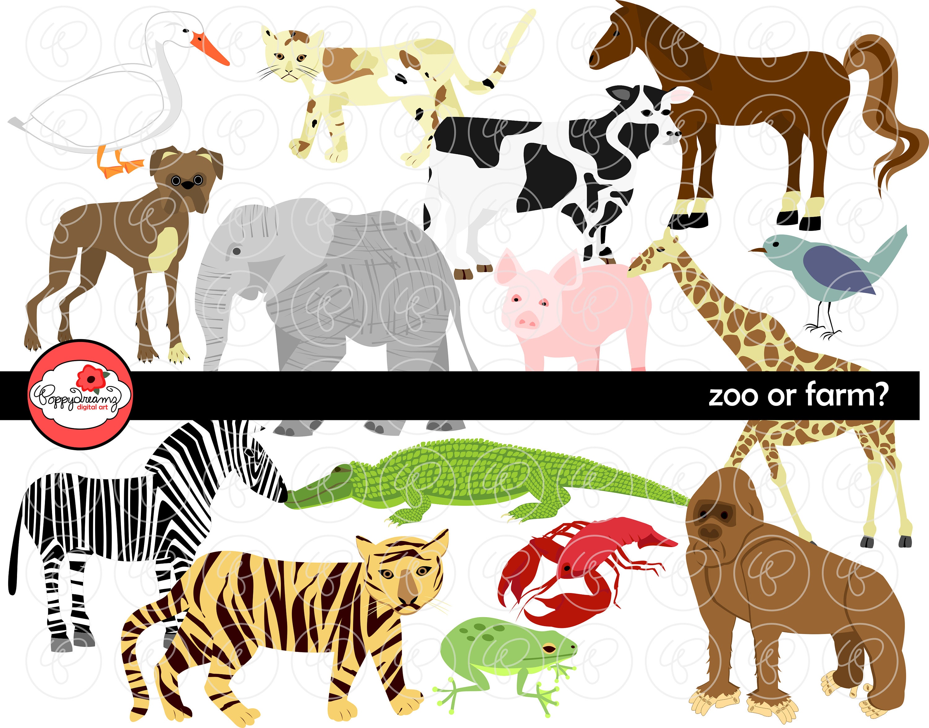 Zoo or Farm : Animal Digital Clipart Pack (300 Dpi) Elephant Zebra Dog ...