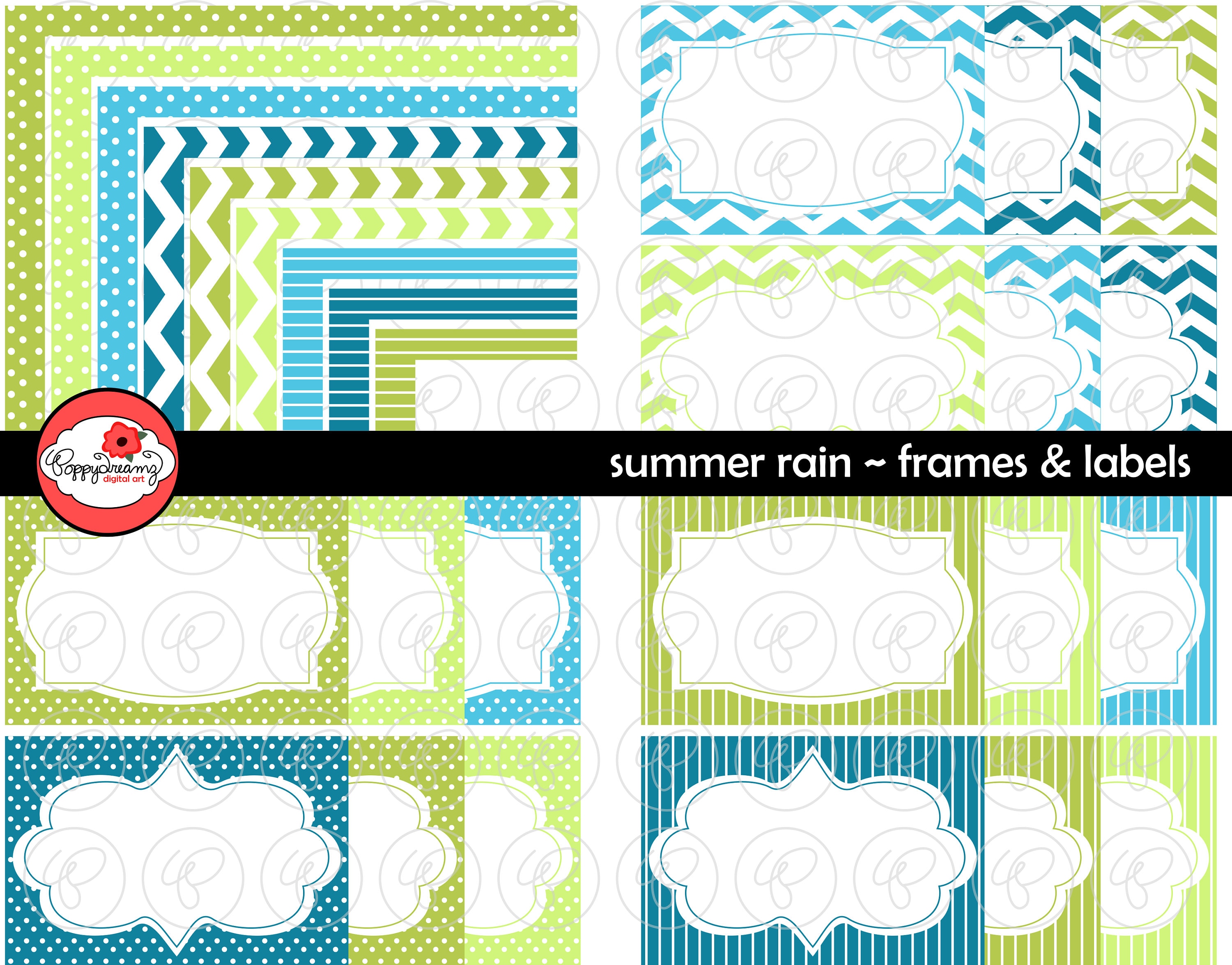 Summer Rain Frames & Labels: Clip Art Pack Card Making Digital Frames ...