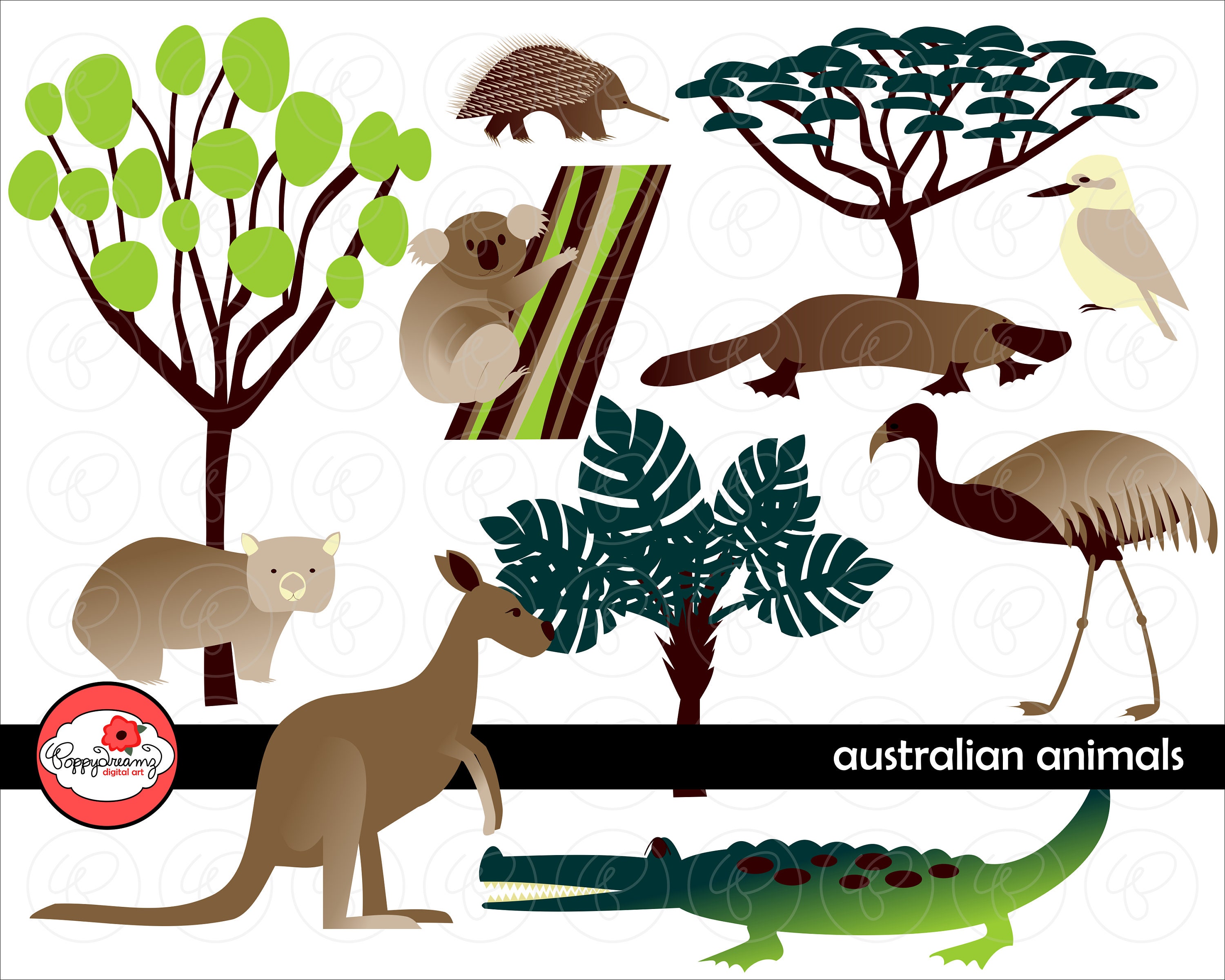 Australian Animals and Trees: Digital Clipart Set (300 Dpi) Koala ...