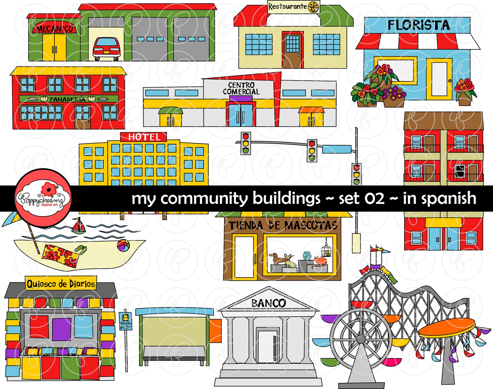My Community Buildings (set 02) IN SPANISH Clipart: (300 Dpi ...