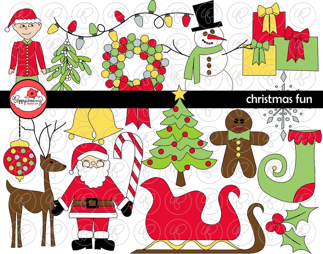 Christmas Fun Clipart Set (300 Dpi) Santa Reindeer Stocking Gingerbread ...