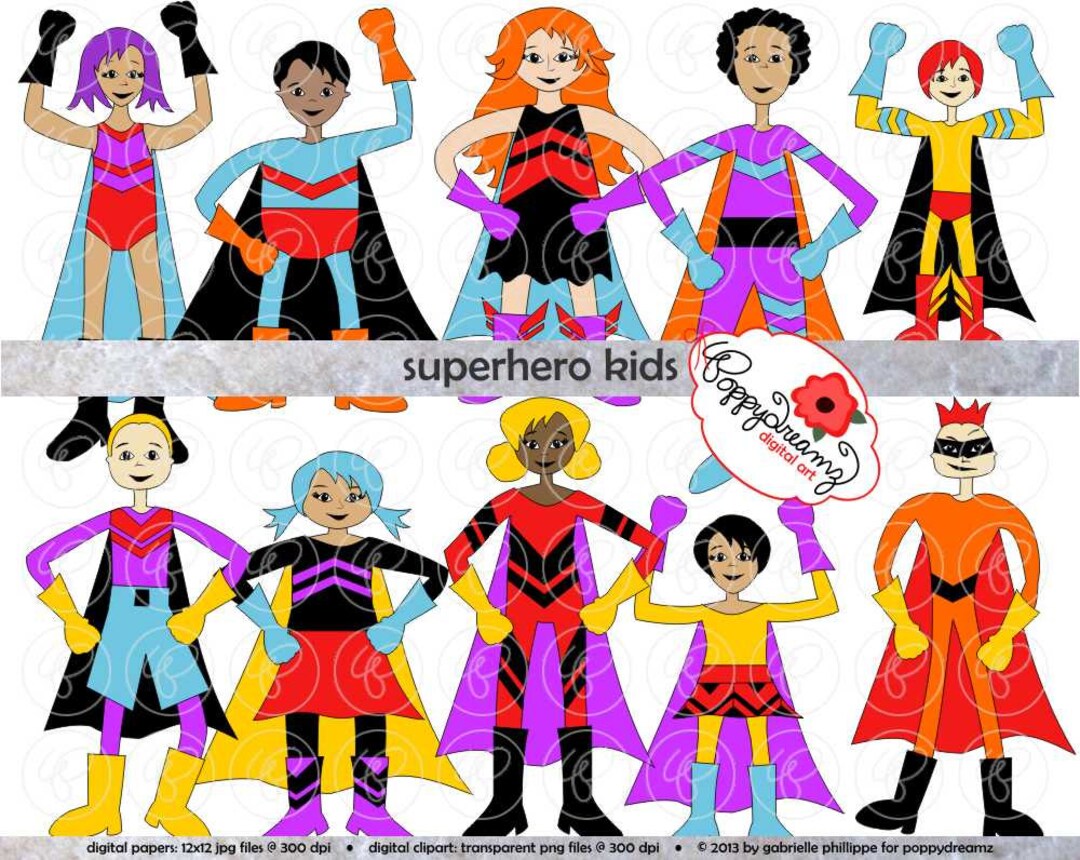 Superhero Kids: Clip Art Pack 300 Dpi Digital Images - Etsy