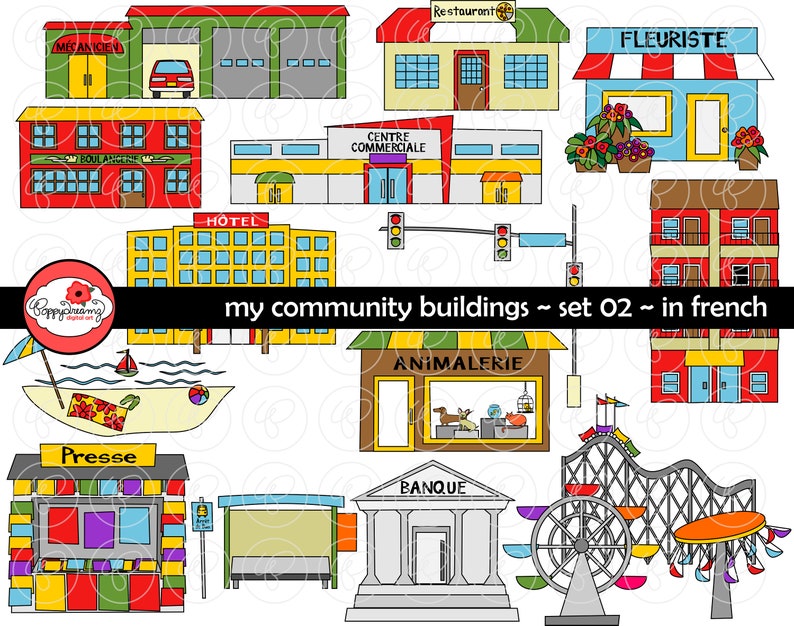 My Community Buildings Set 02 in FRENCH Clipart: 300 Dpi Transparent ...