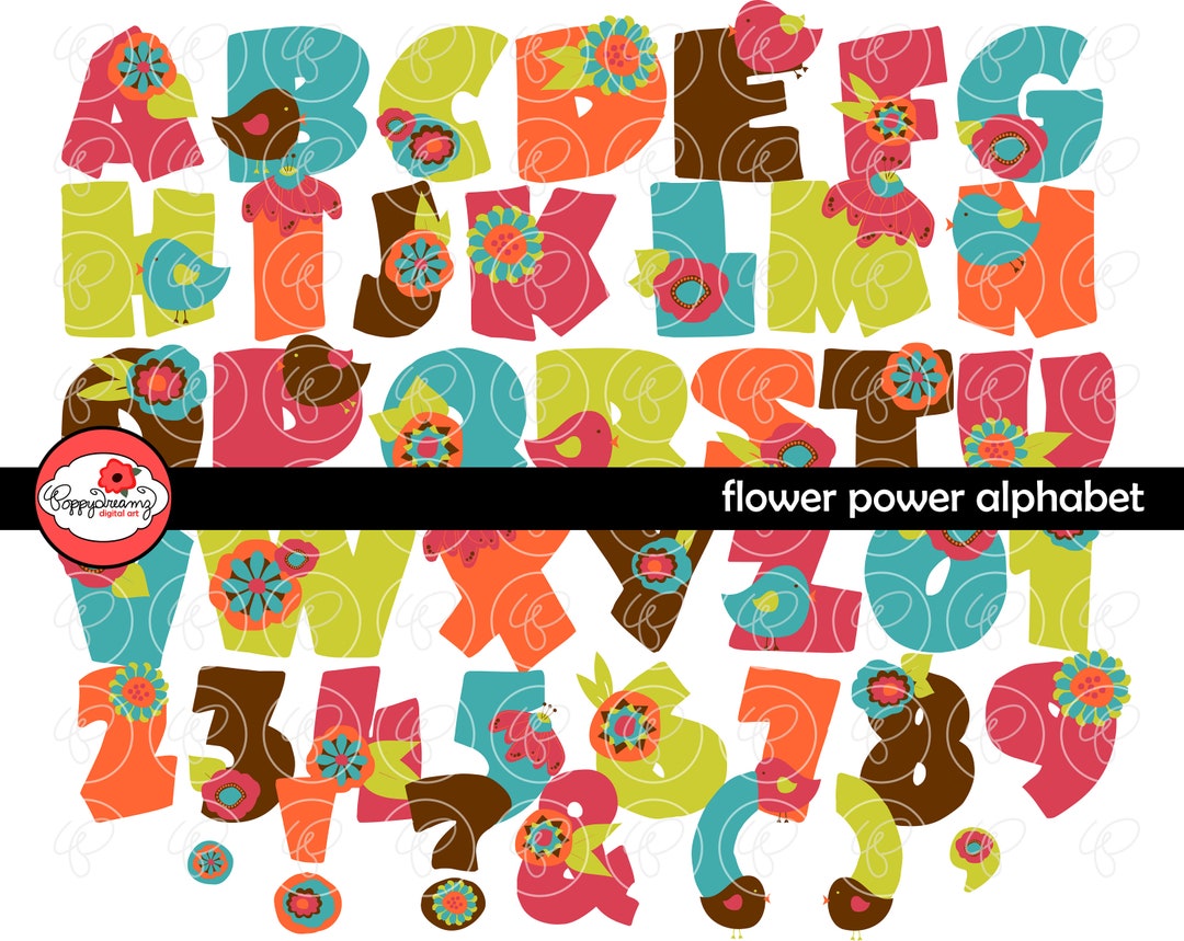 Flower Power Alphabet: Clip Art Pack 300 Dpi Transparent Png - Etsy