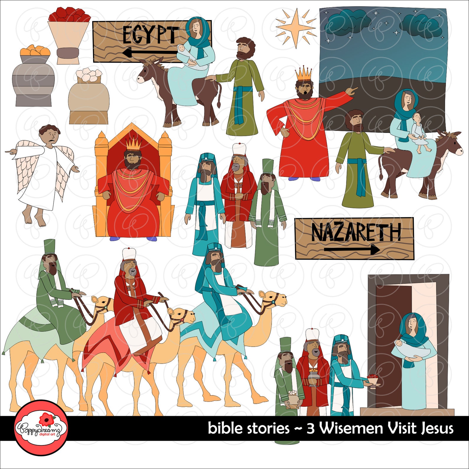 Bible Stories: 3 Wisemen Visit Baby Jesus Clipart Set by Poppydreamz ...