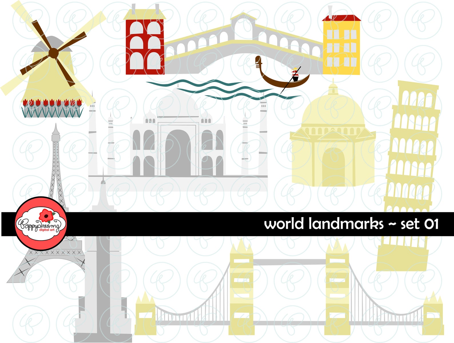 World Landmarks (set 01) Digital Clip Art Set: Empire State Eiffel ...