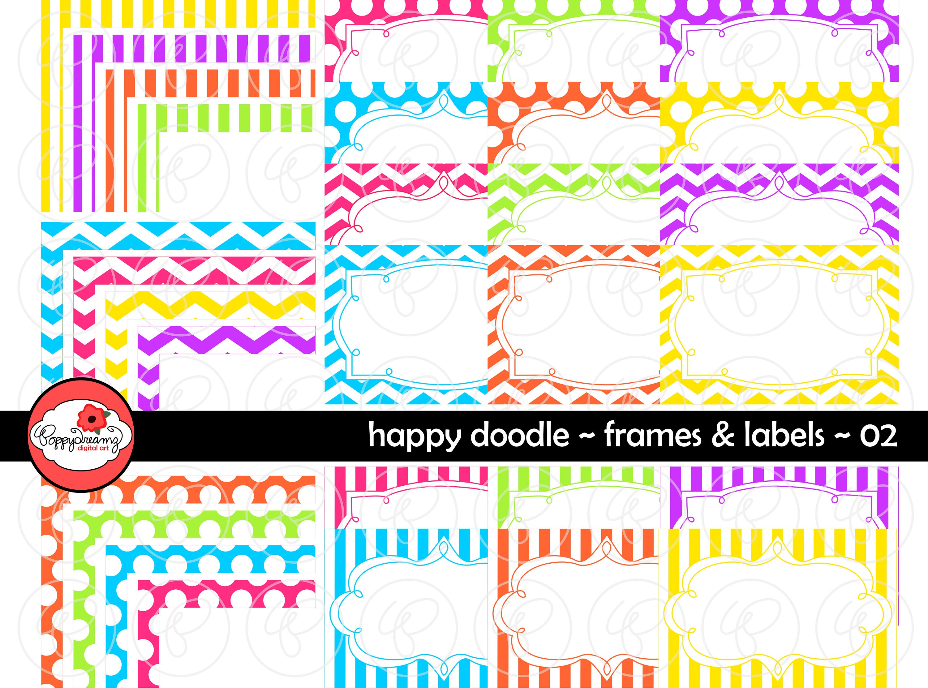 Happy Doodle Frames & Labels 02: Clip Art Pack Card Making Digital ...
