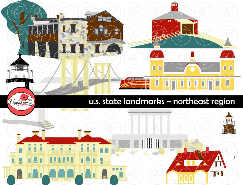 U.S. State Landmarks Northeast Region Digital Clip Art: Maine Vermont ...