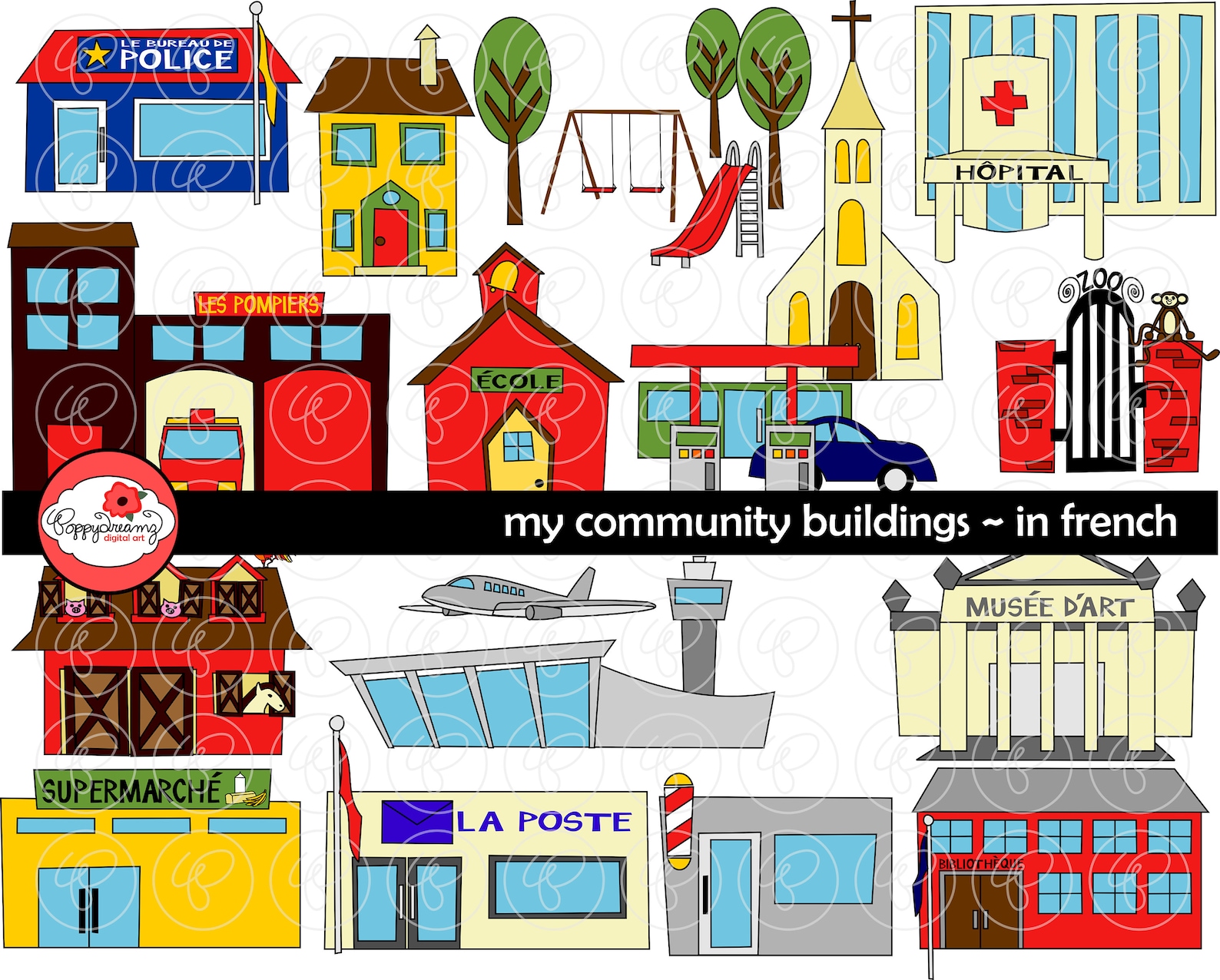 My Community Buildings in FRENCH Clipart: (300 Dpi Transparent Png ...