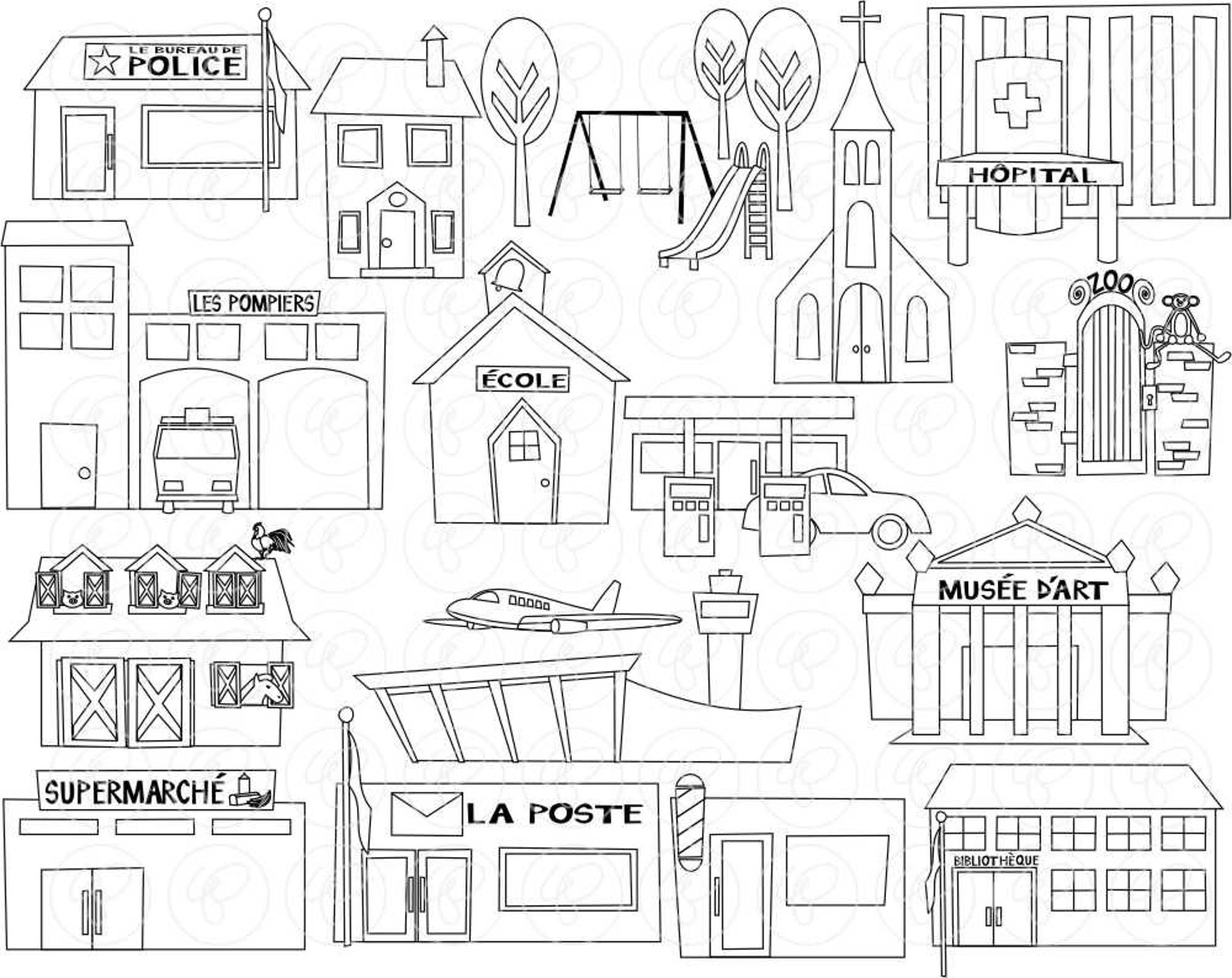 My Community Buildings in FRENCH Clipart: (300 Dpi Transparent Png ...