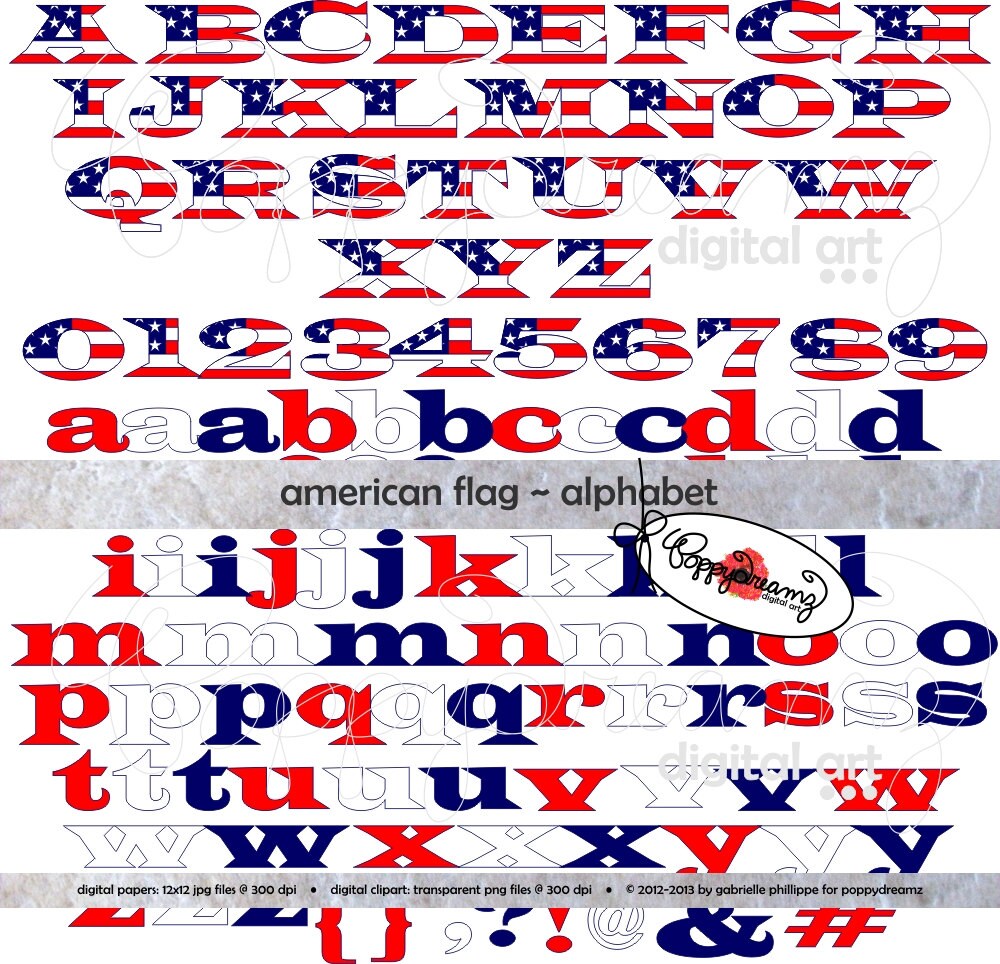 American Flag Alphabet: Clip Art Pack 300 dpi transparent | Etsy