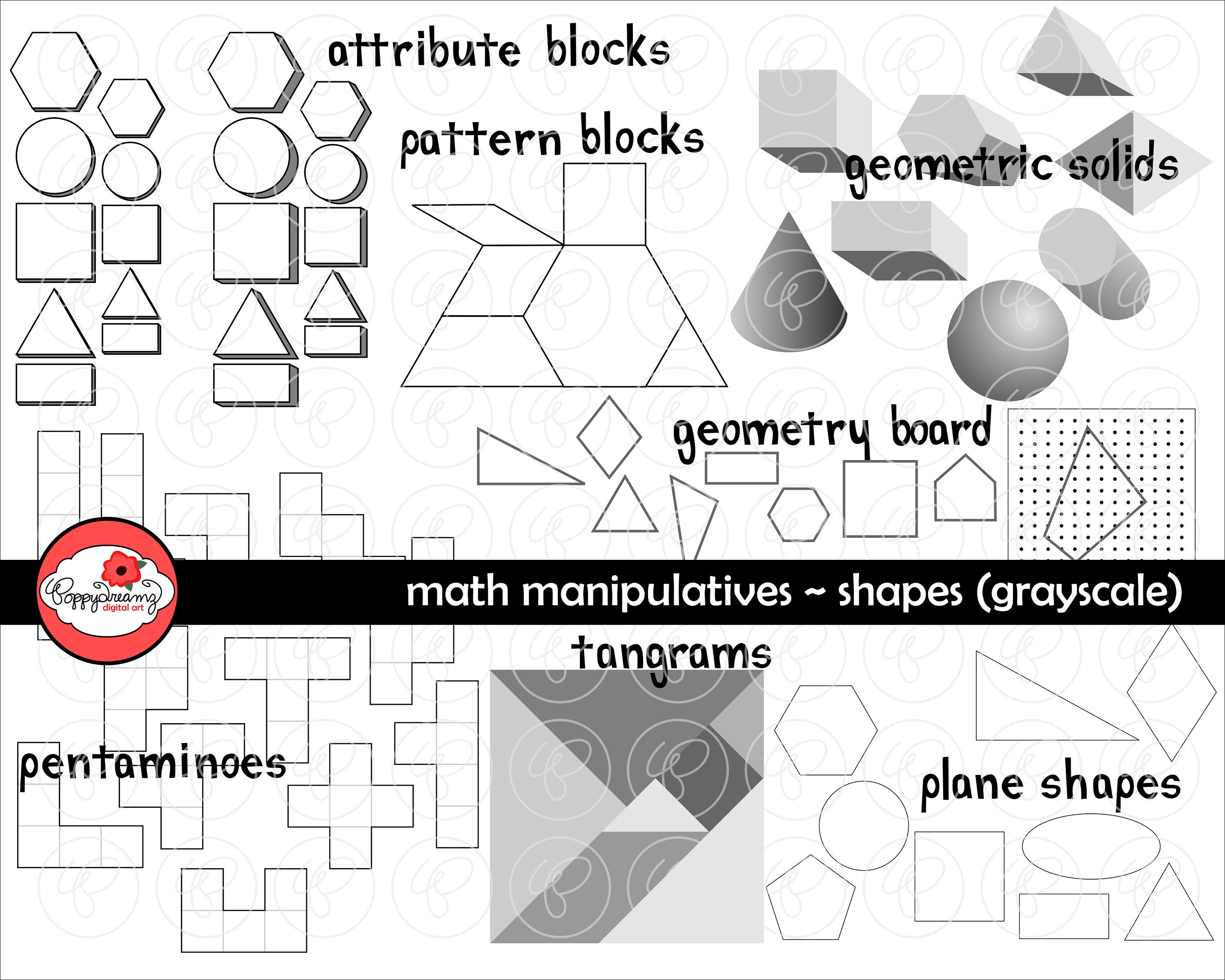 Math Manipulatives Shapes GRAYSCALE Clipart Set - (300 Dpi) School ...