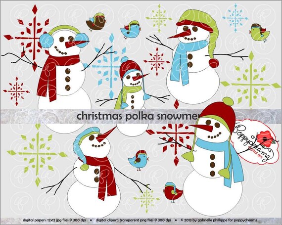 Christmas Polka Snowmen: Clip Art Pack 300 dpi Digital | Etsy