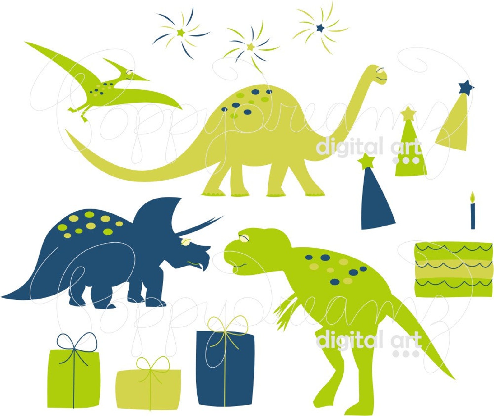 Dino Birthday Blue & Green: Clip Art Pack (300 Dpi Transparent Png ...