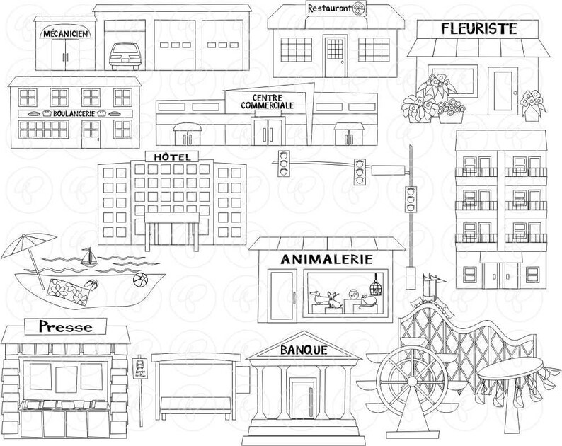 My Community Buildings Set 02 in FRENCH Clipart: 300 Dpi Transparent ...