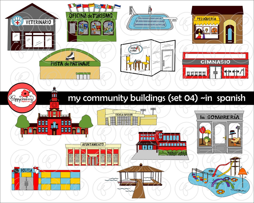 My Community Buildings set 04 in SPANISH Clipart: 300 Dpi Transparent ...