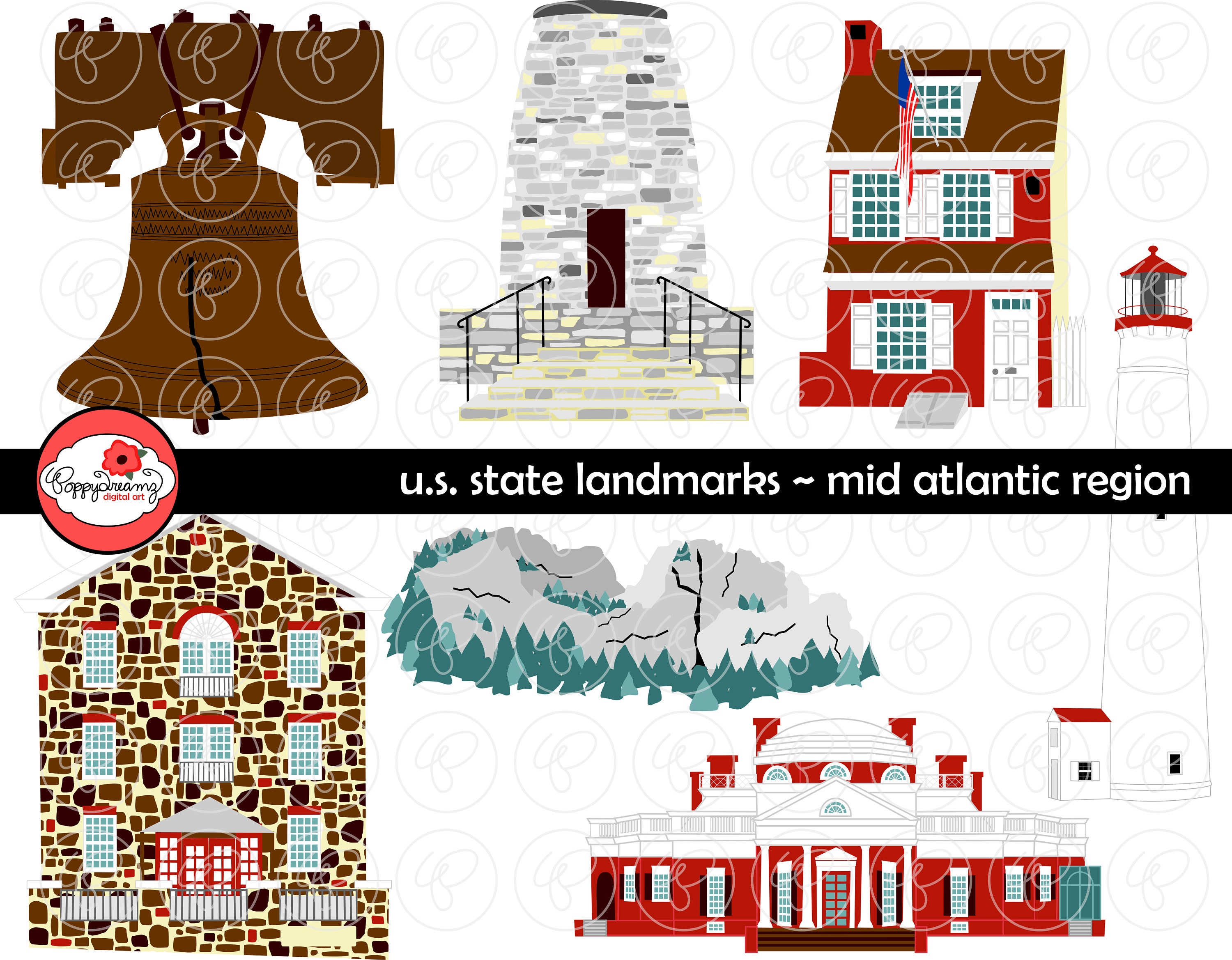 U.S. State Landmarks Mid Atlantic Region Digital Clip Art: Pennsylvania ...